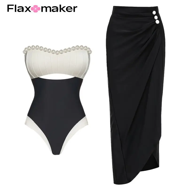 FLAXMAKER-Pearl-Decor-Color-Block-onepiece-Swimsuit-Set-Swimwear ...