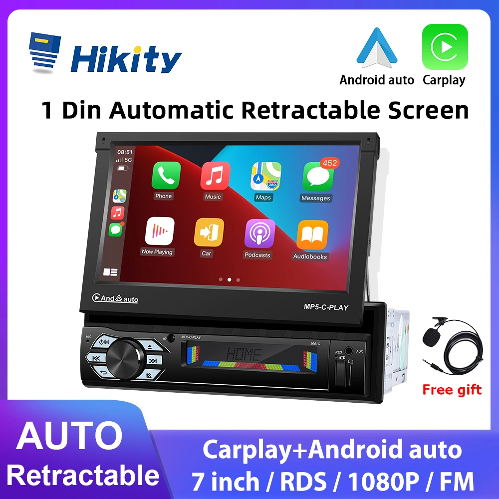 Hikity 1 Din Radio Mobil Layar Dapat Ditarik Otomatis Pemutar MP5 Mobil ...