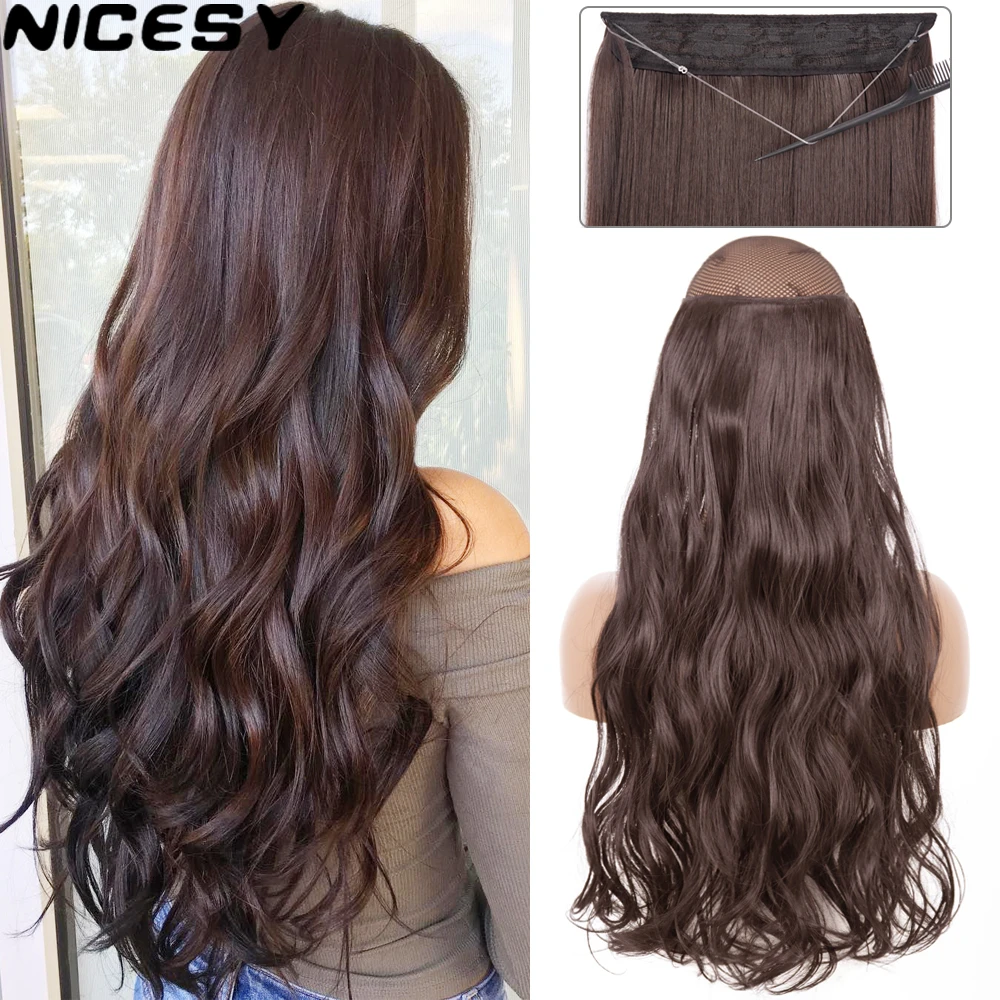 No Clips In Long Wavy Hair Extension Invisible Wire Hidden Fish Line ...