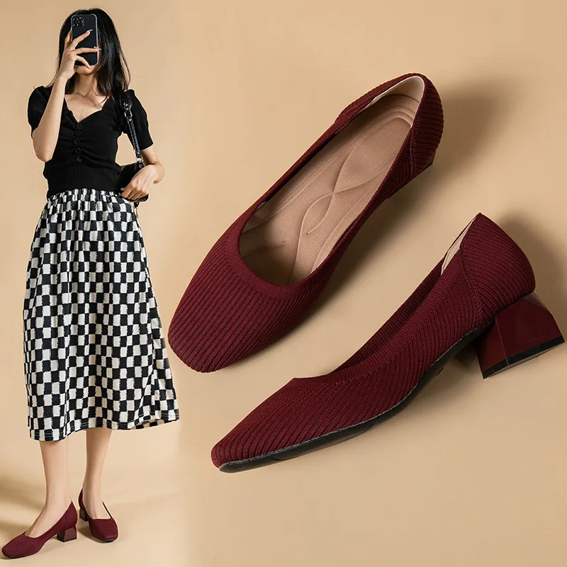 Women-High-Heels-Shoes-Solid-Color-Knited-Slip-On-Square-Toe-Women ...
