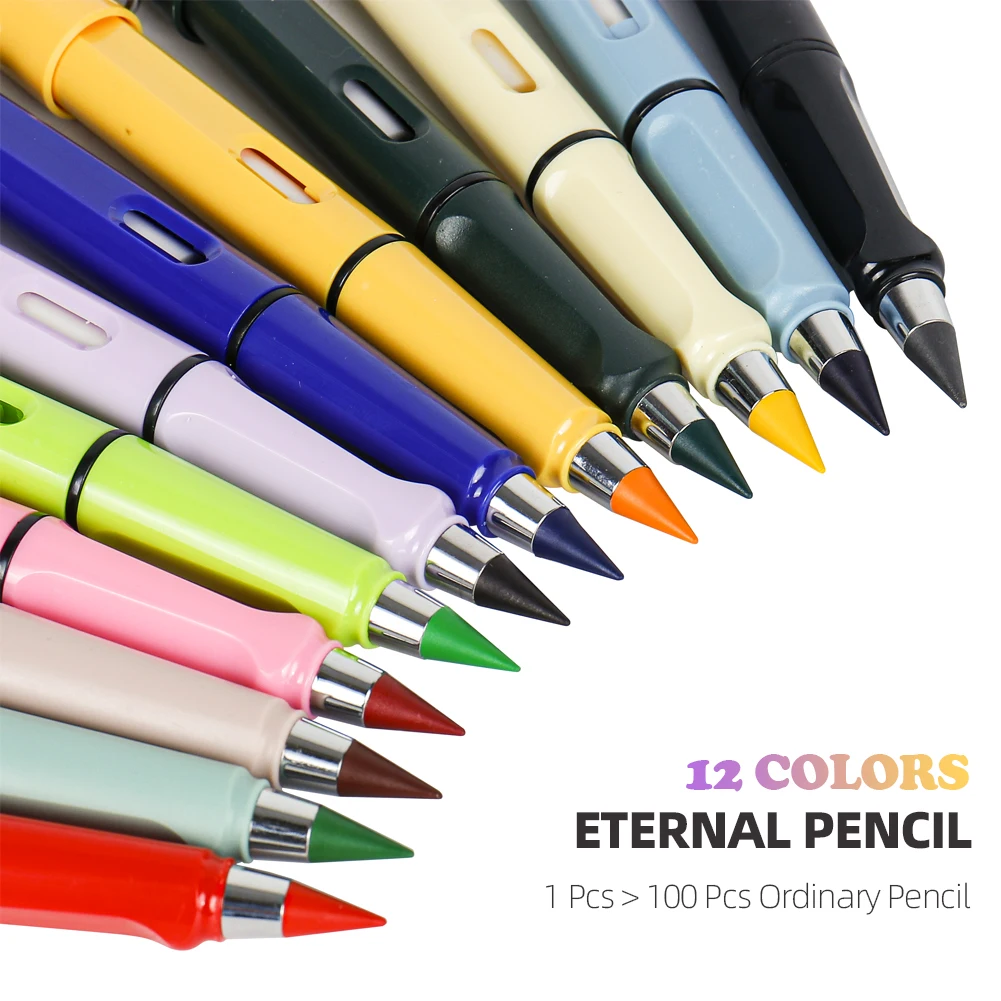 12 Colors Erasable Eternal Pencil with Replaceable Alloy Pen Tip No Ink ...