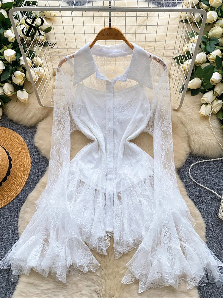 SINGREINY American Ins Women Tops Suits Flared Sleeve Thin Sheer Lace ...