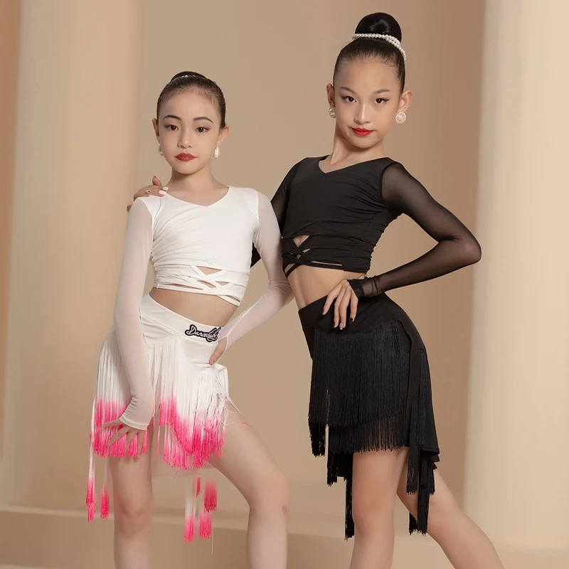 Mesh Latin Clothes Girls Tassel Skirt Tango Dancewear Salsa Clothing ...