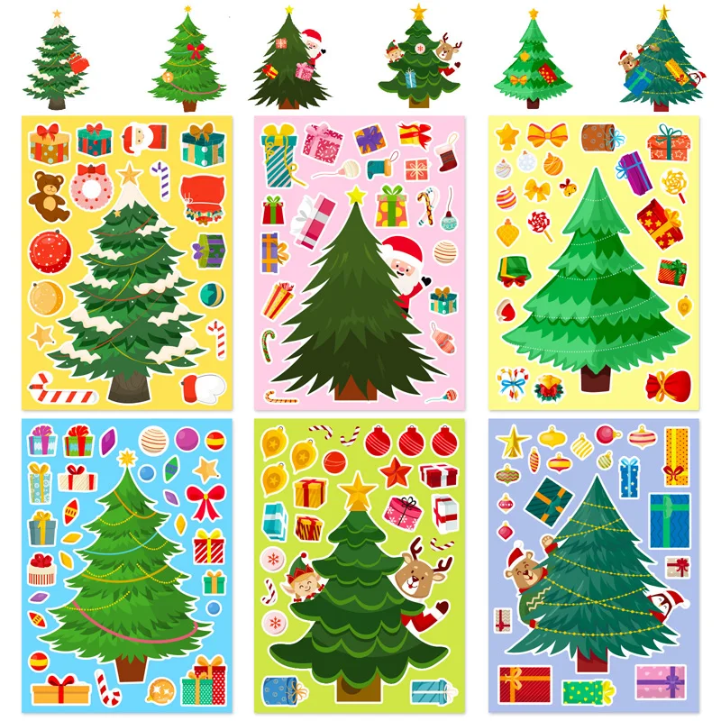 6 Sheets/Set Christmas Tree Stickers Kids Handmade DIY Puzzle Sticker ...