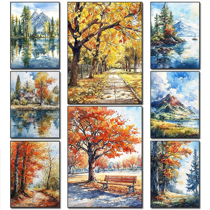 Changing Seasons Tree Snow lake Poster Field Forest Landscape Print ...