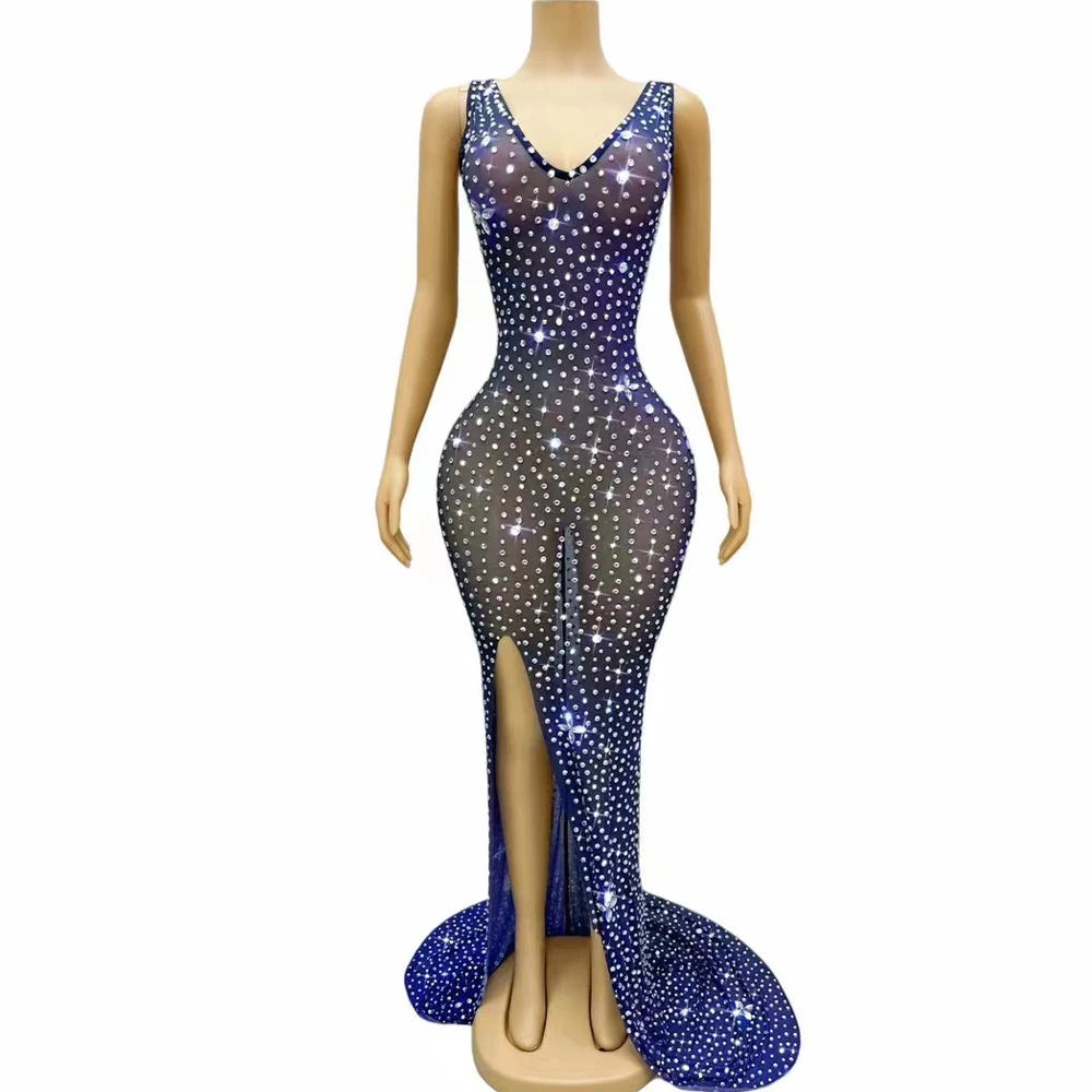 Shiny-Rhinestones-Long-Dress-Diamonds-Elastic-Mesh-Dress-Women-Stage ...