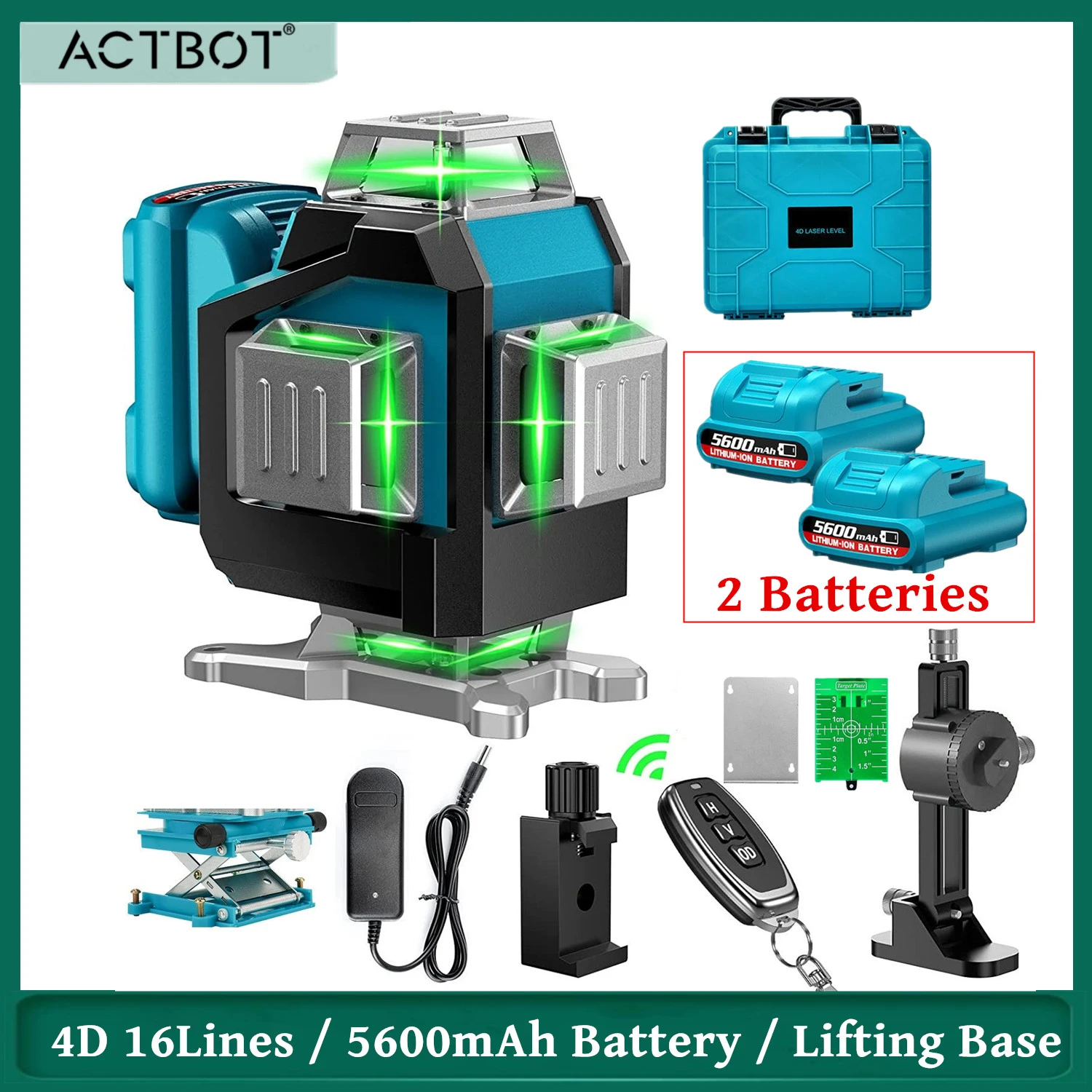 4D 16 Lines Green Laser Level 360 Green Beam Horizontal Vertical Four-Plane Leveling Remote ...