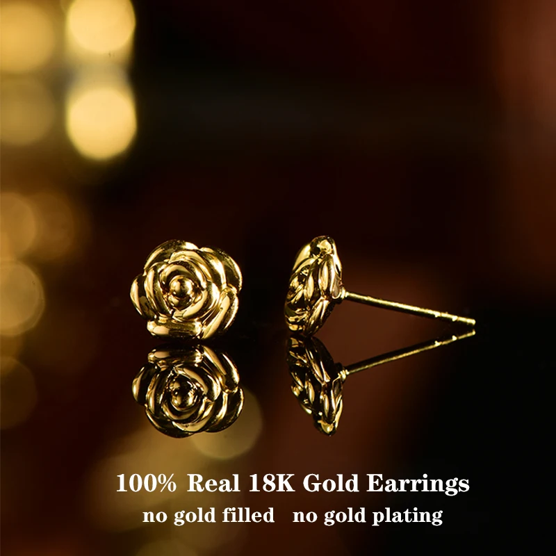 Real 18K Gold Rose Stud Earrings Pure AU750 Gold Flower Earring for ...