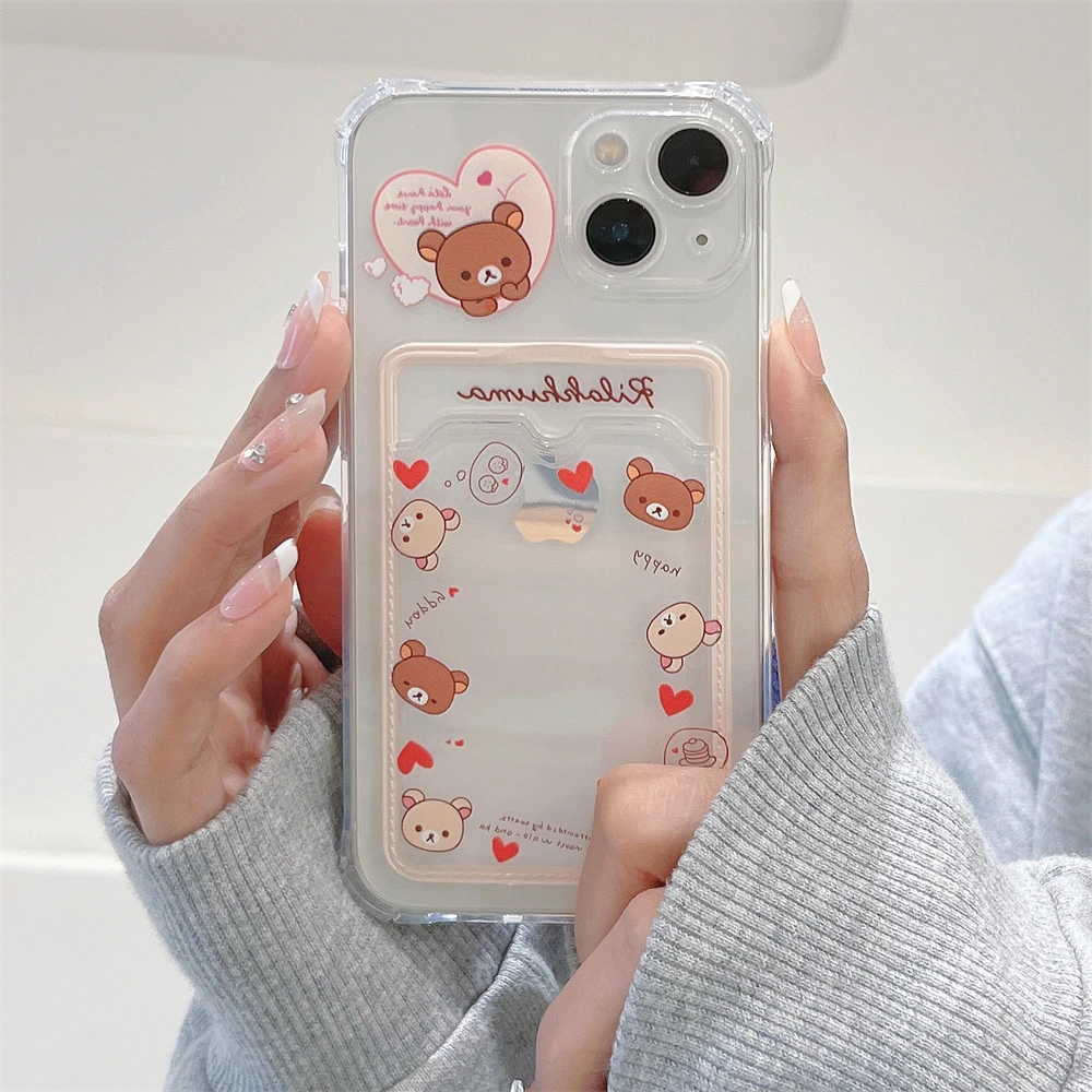 INS Korean Cute Cartoon Bear Card Bag Phone Case For iPhone 14 Plus 13 ...