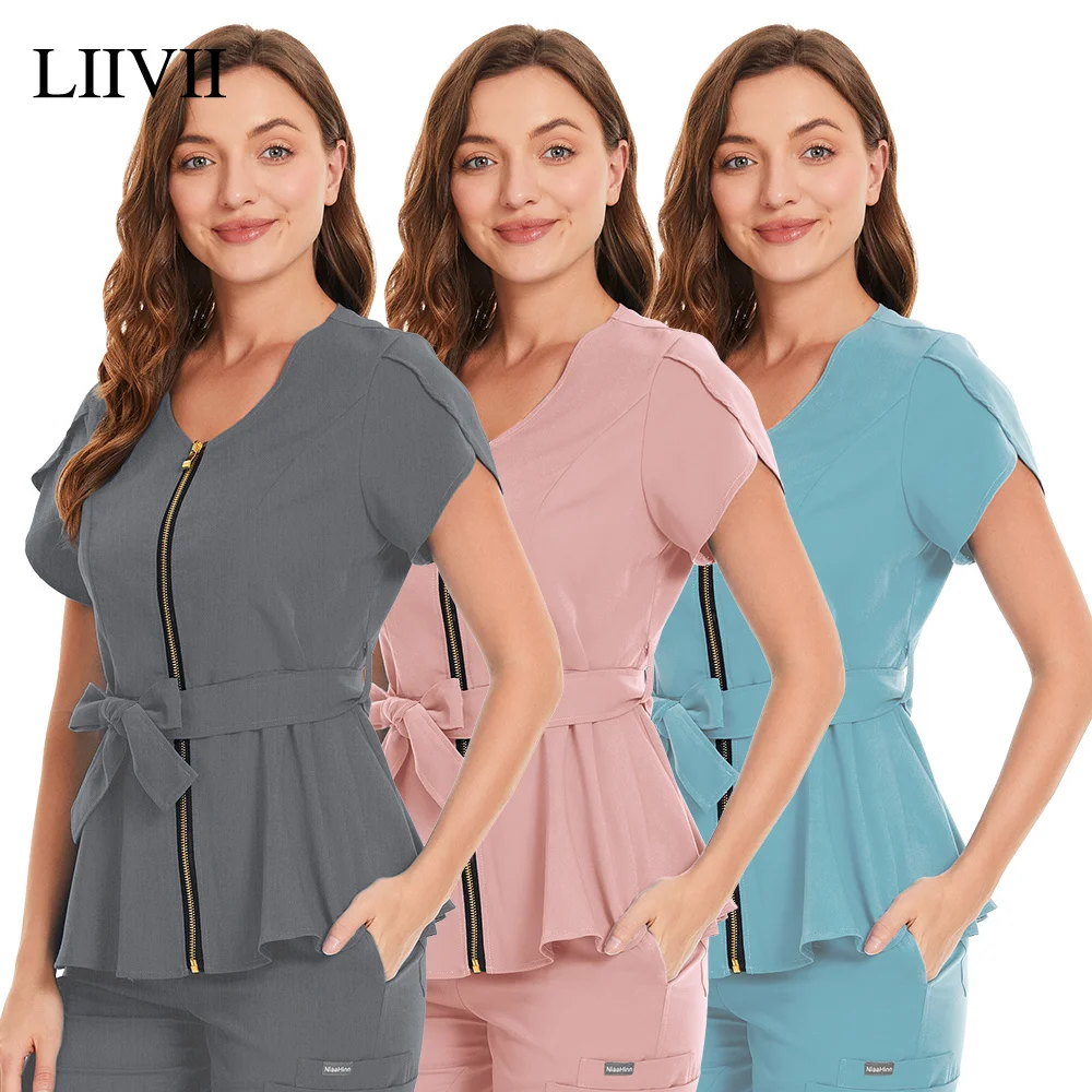 Short-Sleeve-Beauty-Salon-Workwear-Temperament-Women-s-Top-Nursing ...