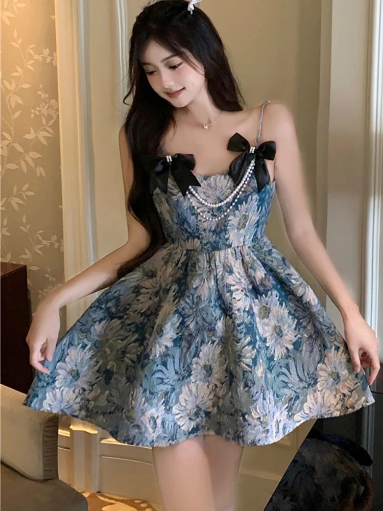 Summer-New-Bow-Spaghetti-Strap-Sweet-Sleeveless-Print-Mini-Dress-Korea ...