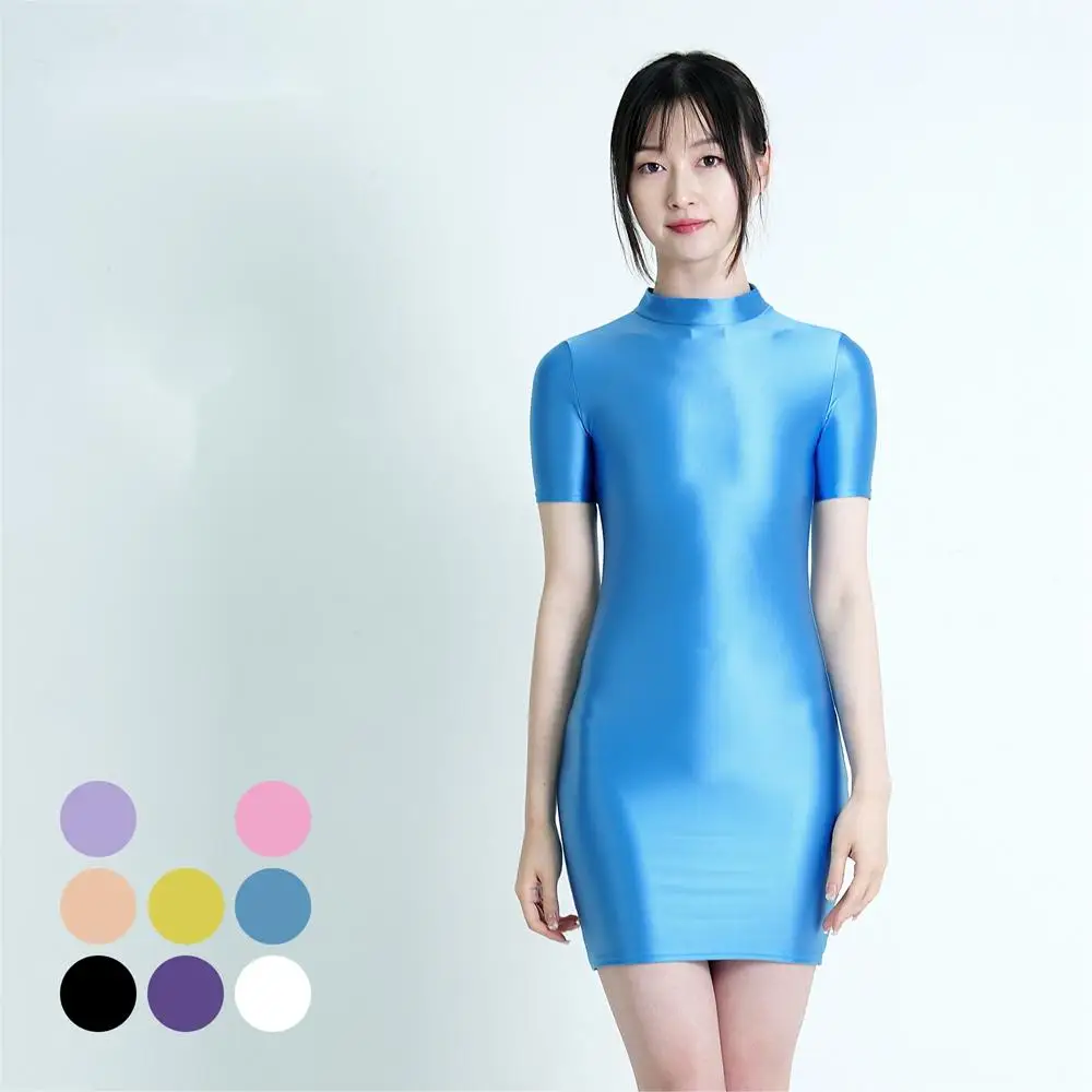 MJINM glossy oil shiny sexy package hip dress one-step dress stretch ...