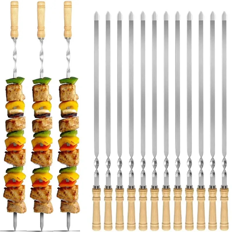 Stainless Steel Barbecue Skewers Long Handle 55cm Wooden Barbecue ...