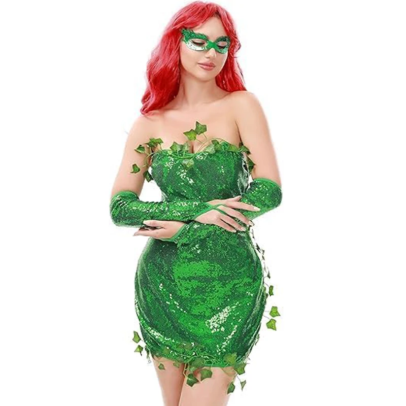 Halloween Leaf Green Poison Ivy Cosplay Costume Sequin Strapless Dress ...