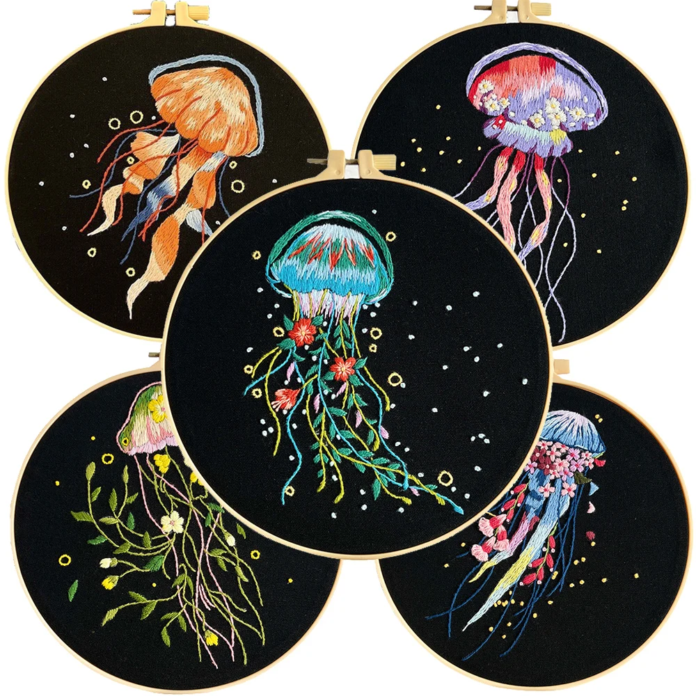 Embroidery Starter Kits for Adults Beginners with Sea Animals Jellyfish ...
