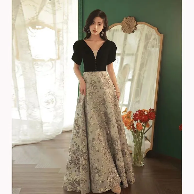 Elegant Embroidery Prom Dress A Line Short Sleeves Lace V Neck Floor ...