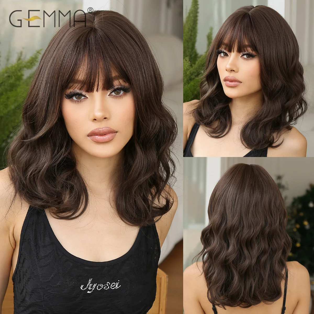 Shoulder-Long-Wavy-Dark-Brown-Wig-with-Bangs-Synthetic-Water-Wave ...
