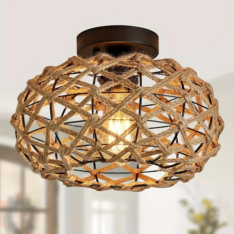 Oho-Chic-Hemp-Rope-Ceiling-Light-Woven-Rattan-Wicker-Accents-Semi-Flush ...
