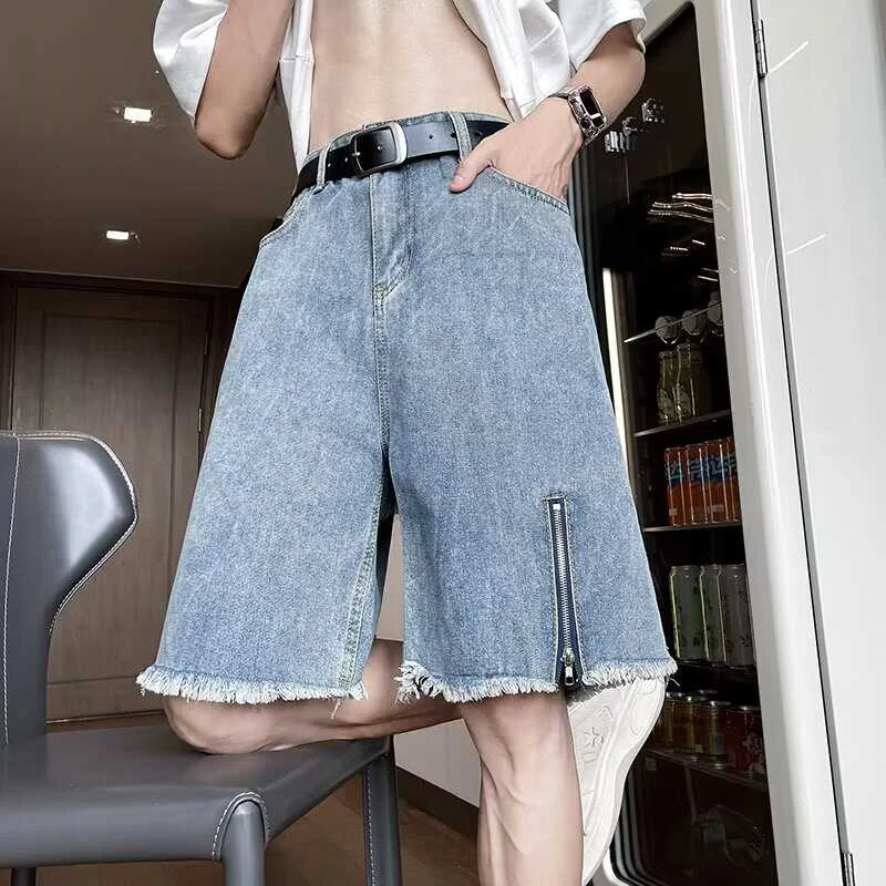 Summer Side Zipper Design Baggy Jorts For Men Ripped Straight Wide Leg ...