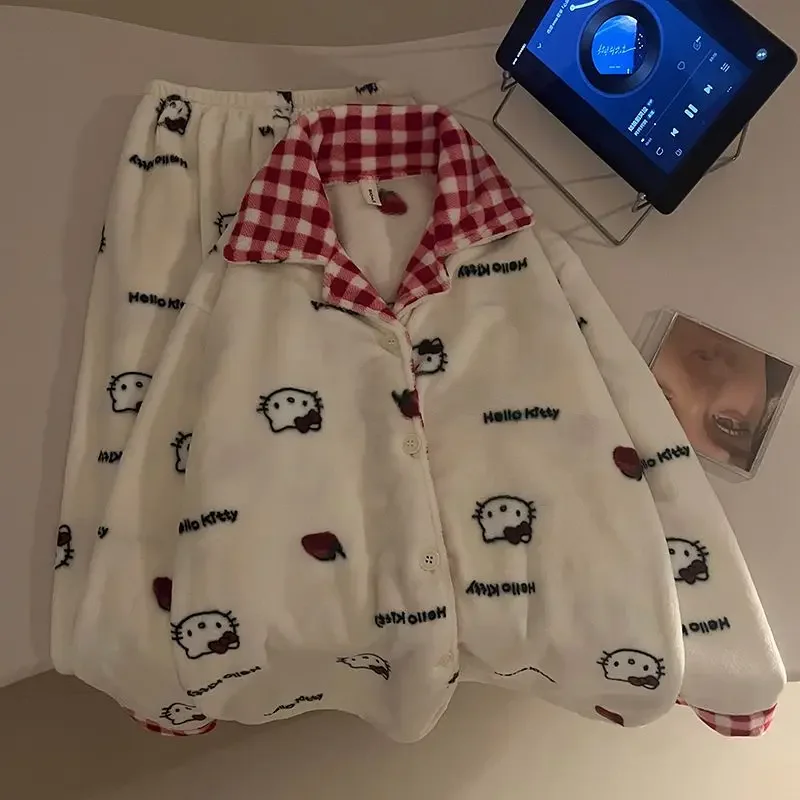 Hello Kitty Women's Flannel Pajama Set Fall Winter Loose Fit Plush ...