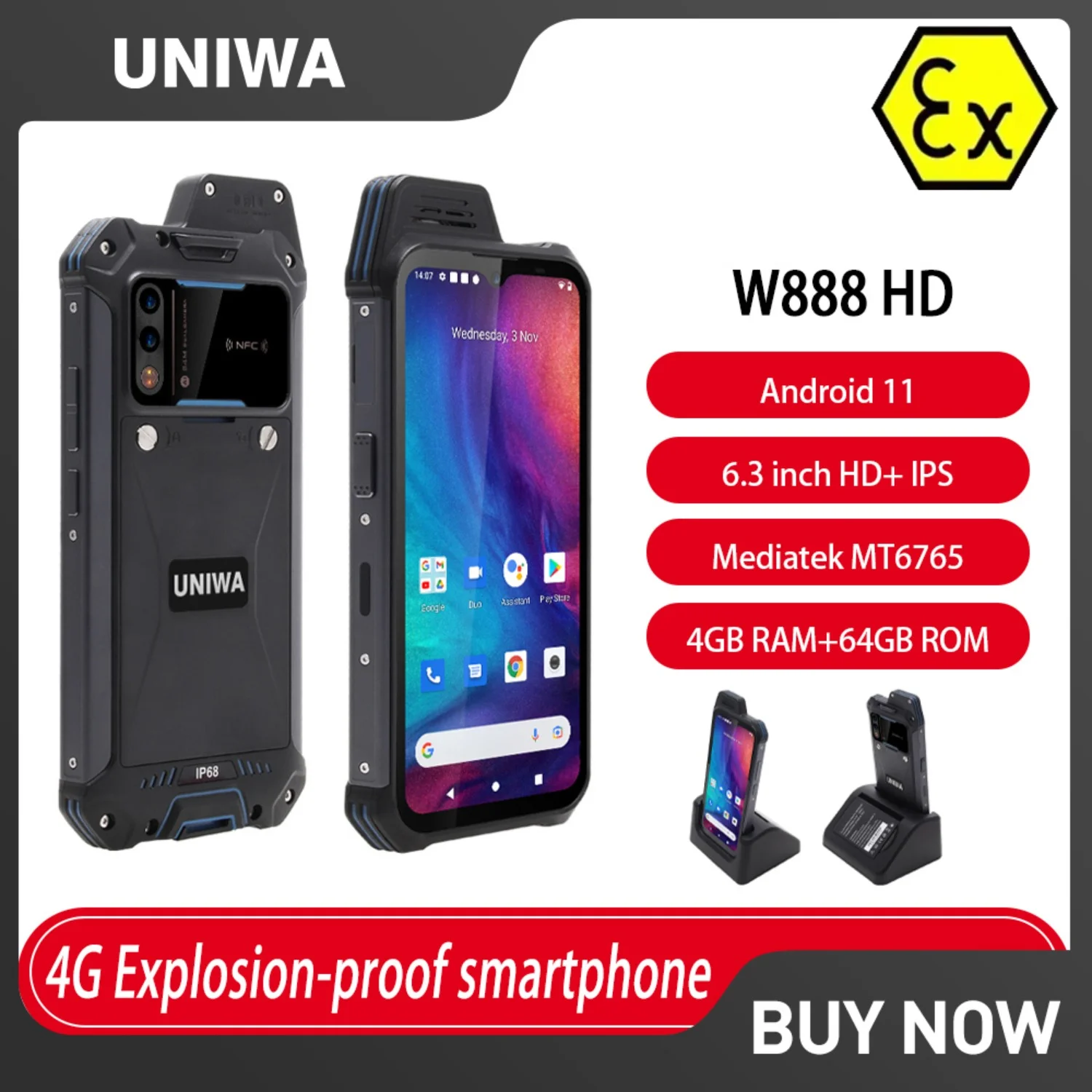 UNIWA W888 ATEX Explosion Andriod Smartphone talkie-walkie IP68 6.3 "HD ...