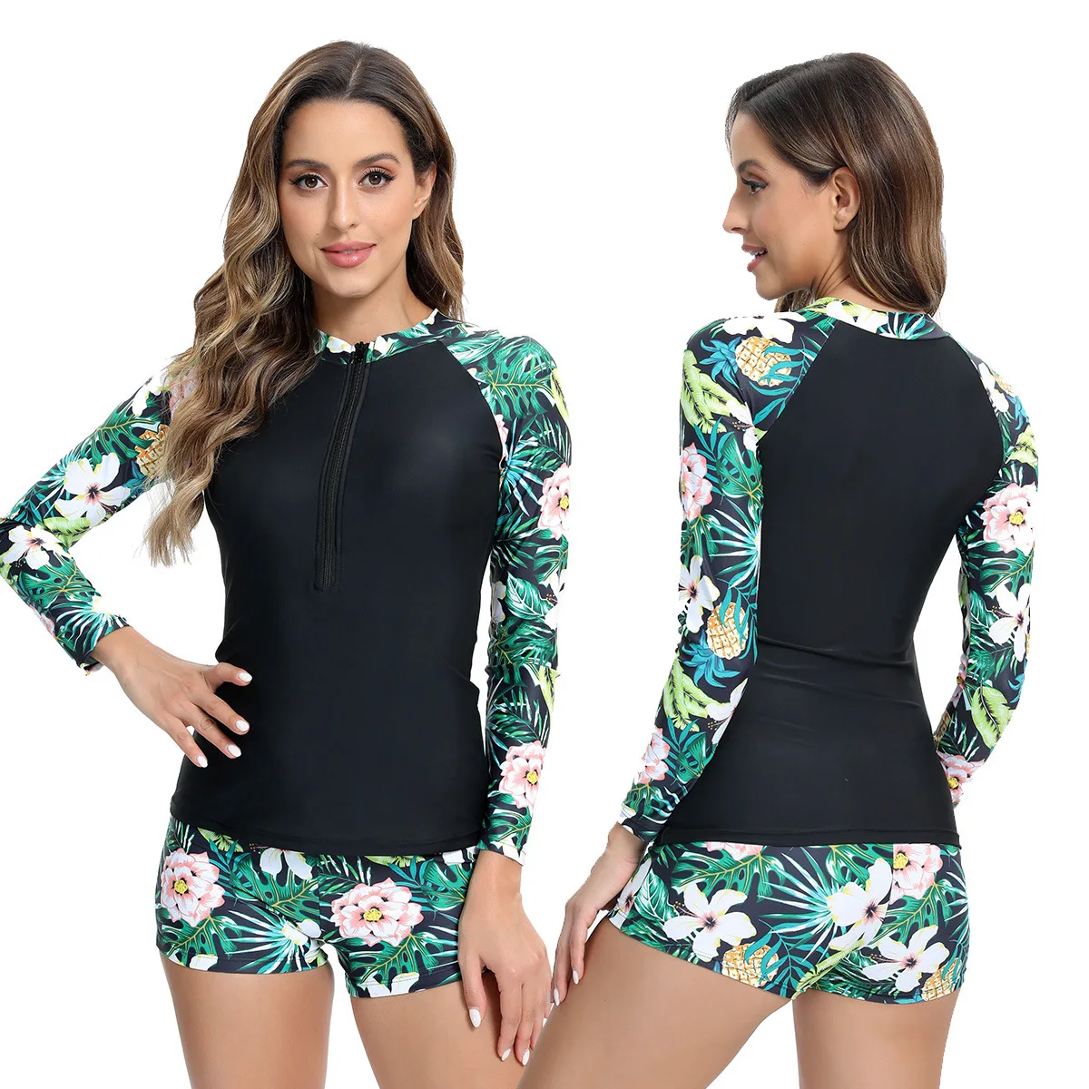 Women-s-Swimsuit-Tankini-Set-Zipper-Long-Sleeves-Swimwear-2024-Surfing ...