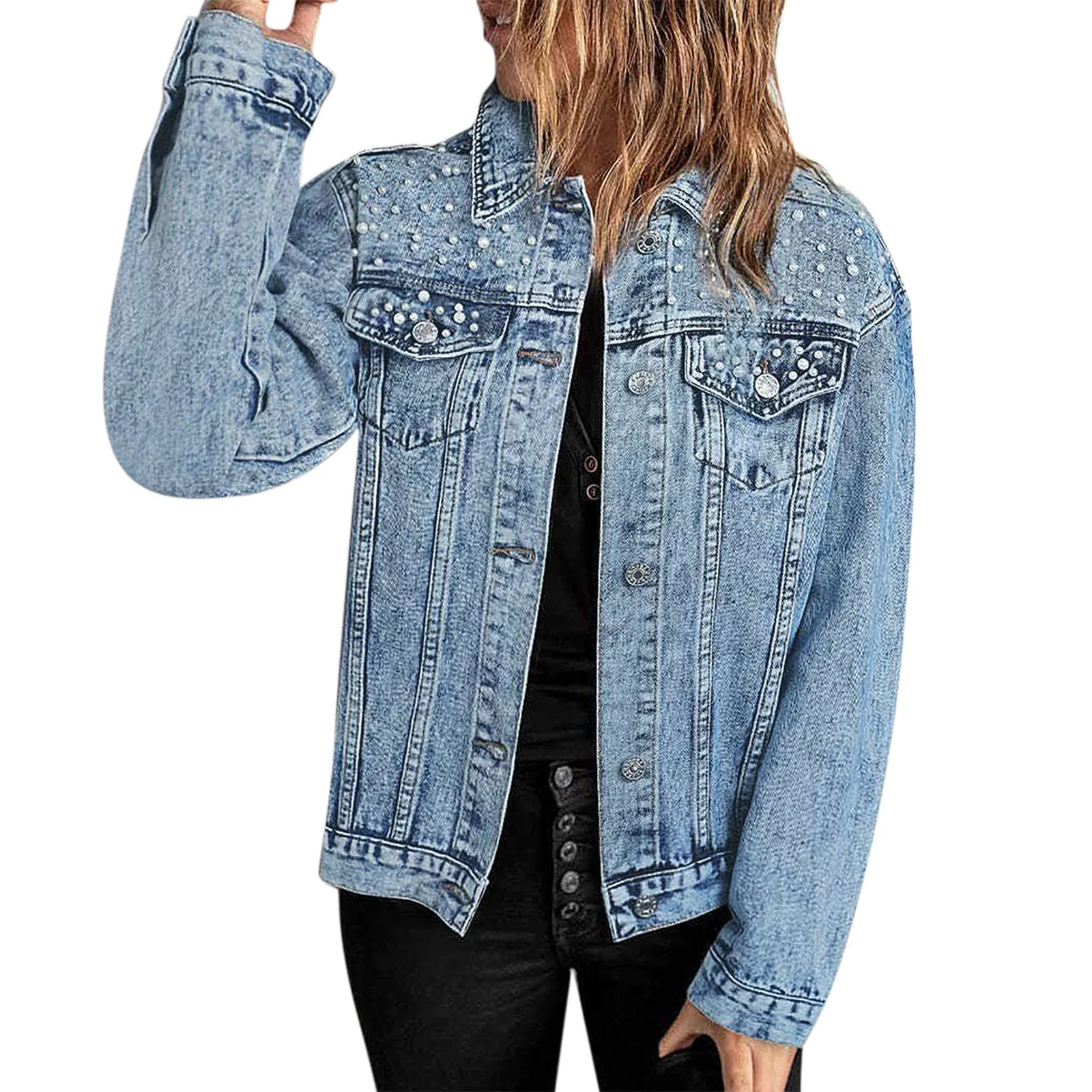 Women's Pearls Denim Jackets New Autumn Beaded Casual Embroidered Jean ...
