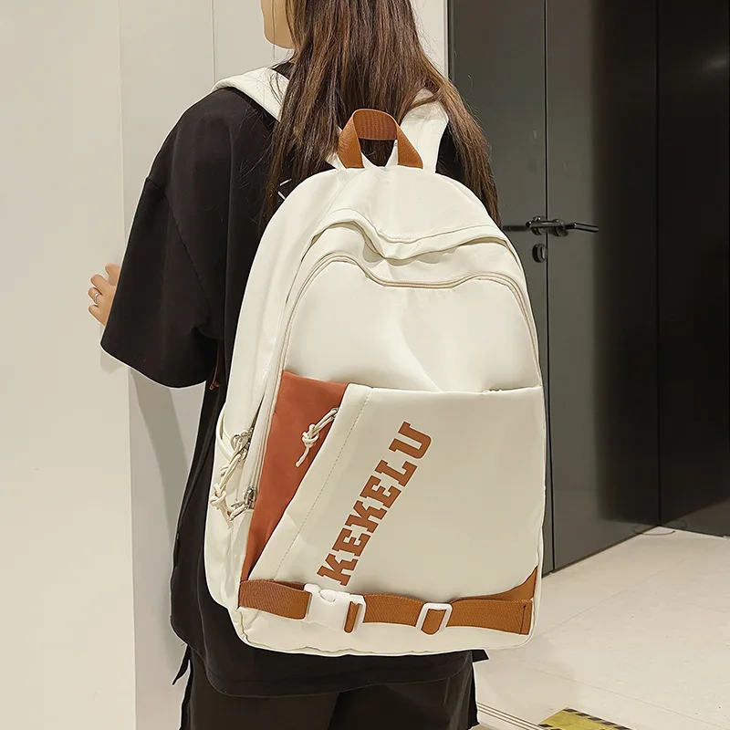 White Letter Pattern Women's Backpack Panelled Contrast Nylon Travel ...