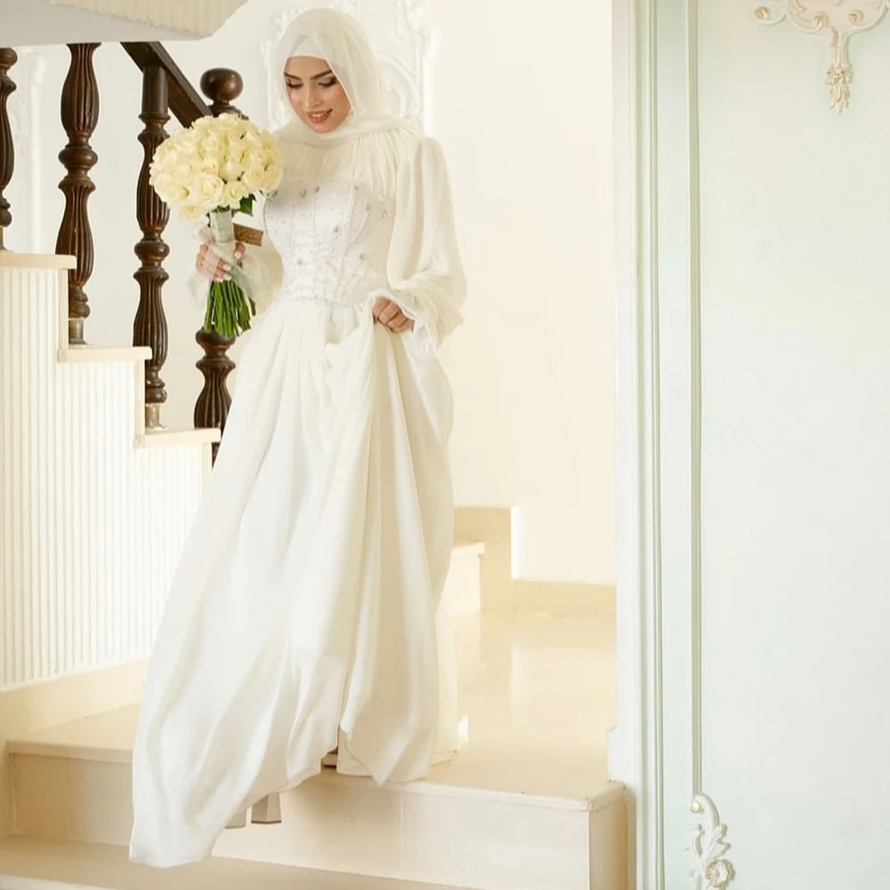 Muslim Wedding Dresses Hijab High Neck Long Sleeve A-Line Brides Dress ...