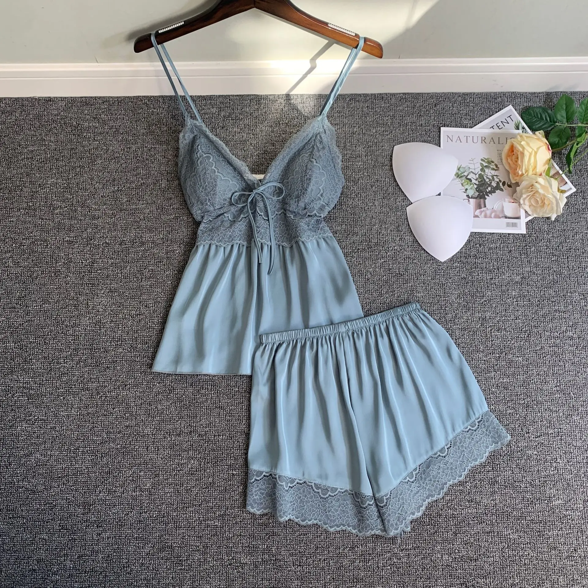 Summer Lace Pajamas Sexy Strap Top&Shorts Sleepwear Two Piece Set ...