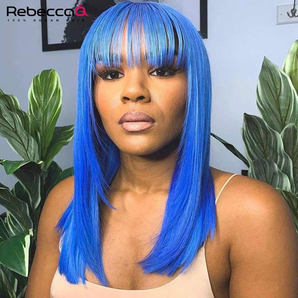 Blue Human Hair Bob Wig With Bangs Wear to go Wigs For Women Short ...