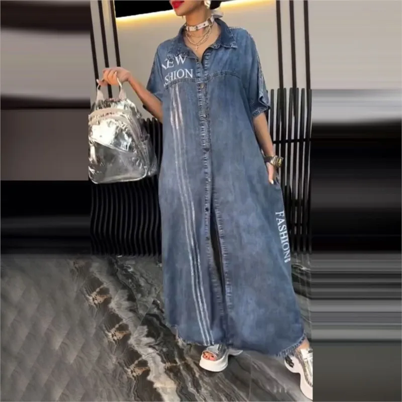 2025 New Retro Letter Print Imitation Denim Dress Women's Lapel Dresses ...