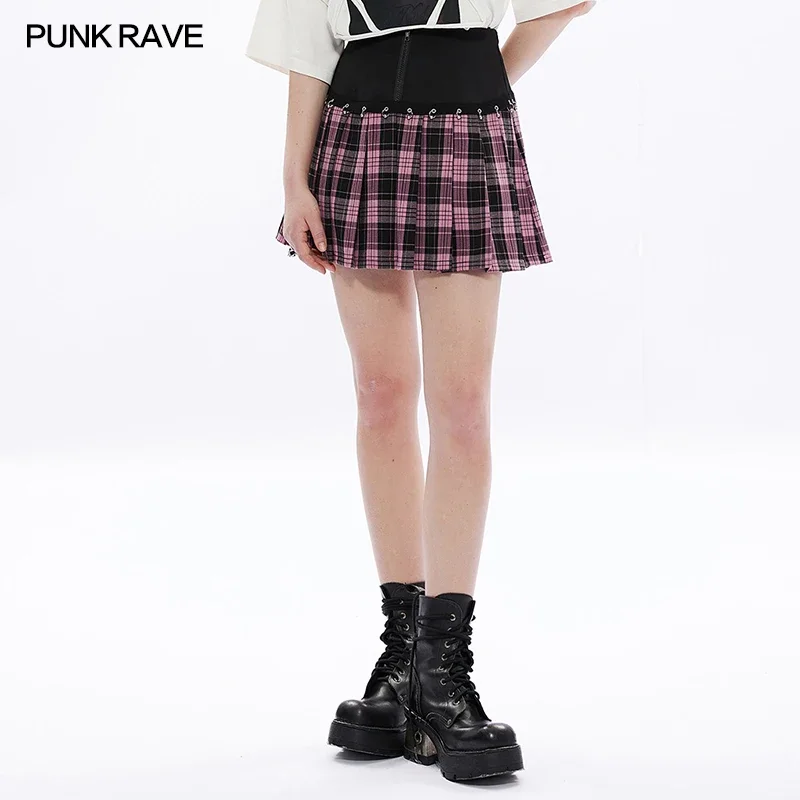 PUNK-RAVE-Women-s-Playful-Plaid-Splicing-Skirt-Punk-Metal-Ring-Webbing ...