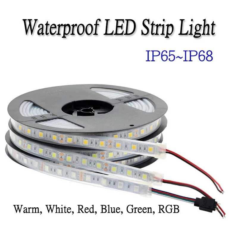 SMD 5050 12V Waterproof LED Strip Light Warm White Blue Green Red RGB ...