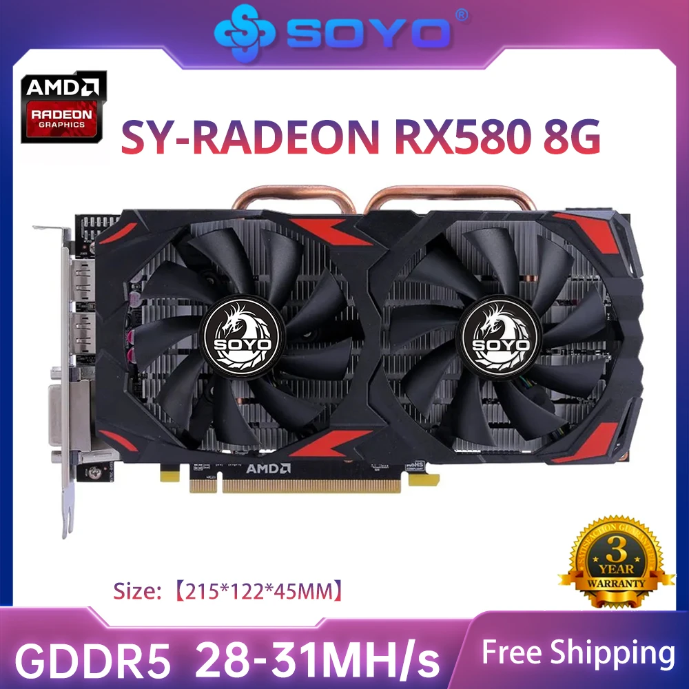 Soyo original radeon rx580 8g placa gráfica gddr5 memória placa de ...