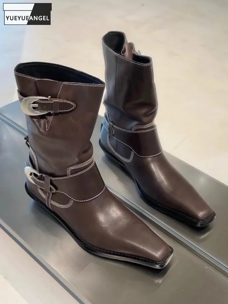 Vintage-Women-Buckle-Square-Toe-Low-Heels-Cowhide-Genuine-Leather-Boots ...