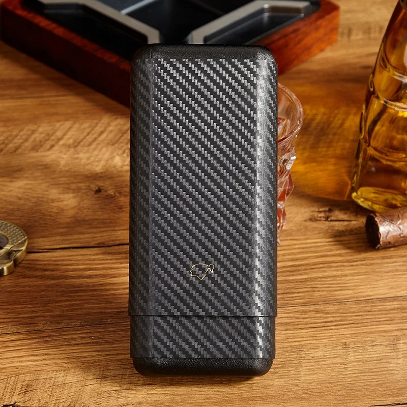 Portable-Carbon-Fiber-Cigar-Case-Travel-3-Tube-Wood-Cigar-Box-Black ...