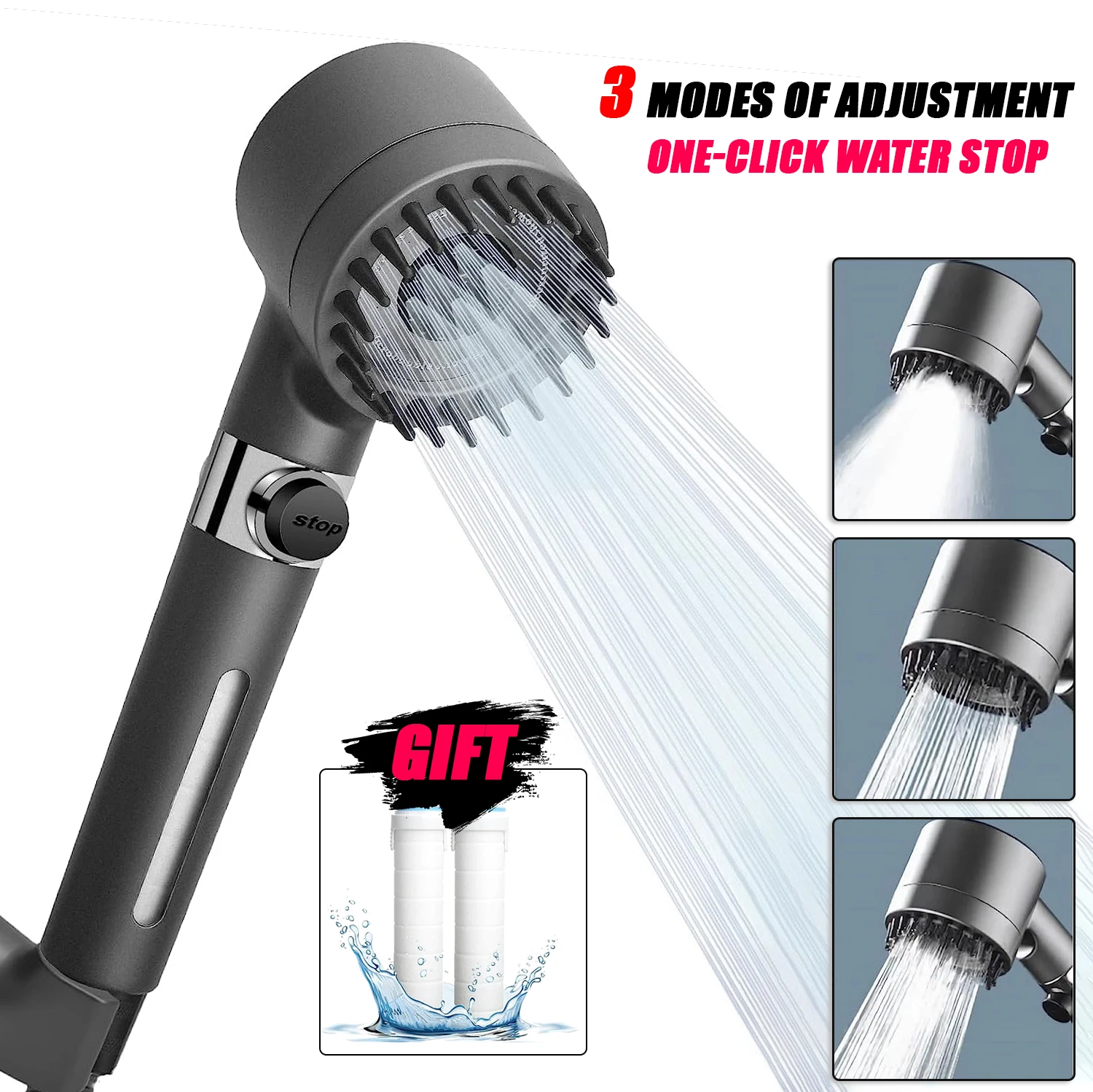 New-Black-Shower-Head-Rainfall-High-Pressure-3-Modes-Adjustable-Boost ...