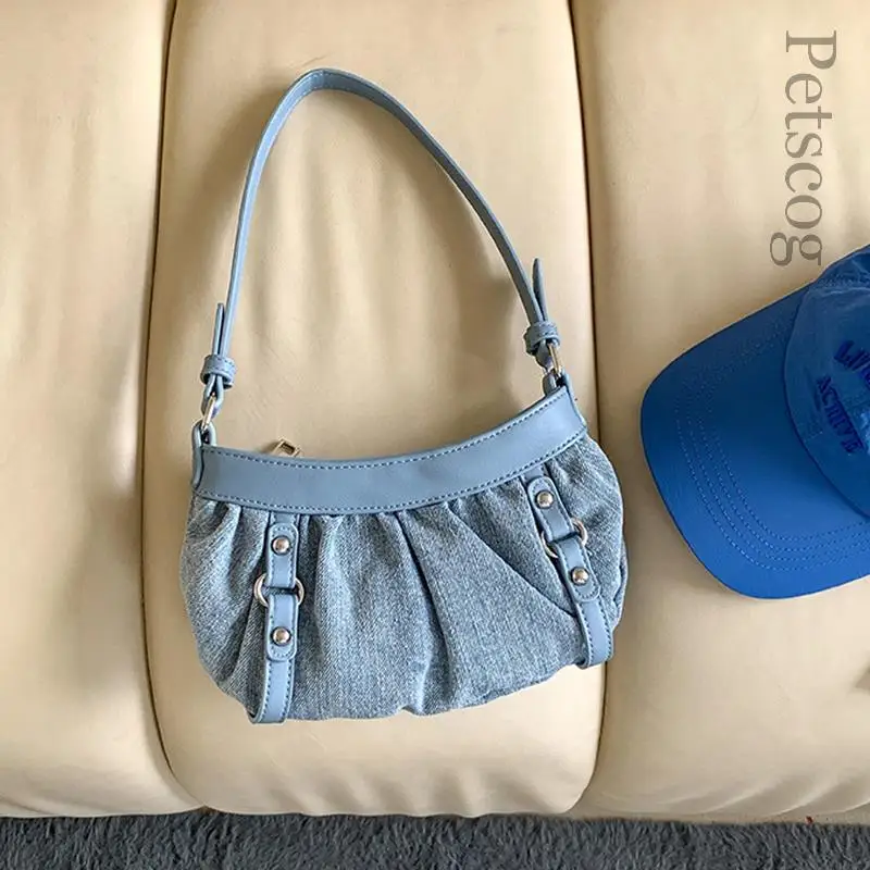 Y2k-Fashion-Handbags-For-Women-Rivet-Belt-Design-Half-Moon-Small-Tote ...