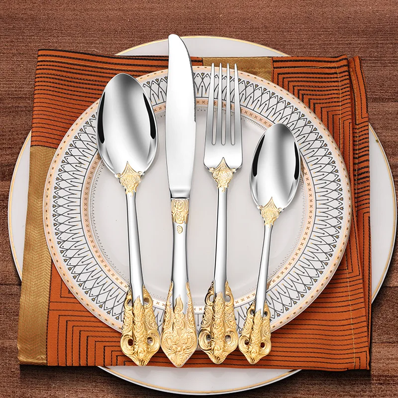 Tableware-Cutlery-Set-24Pieces-Retro-Embossed-Golden-Stainless-Steel ...