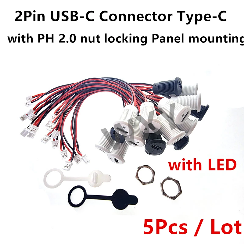 5Pc-2Pin-USB-C-Connector-With-LED-Type-C-Waterproof-with-PH-2-0-nut ...
