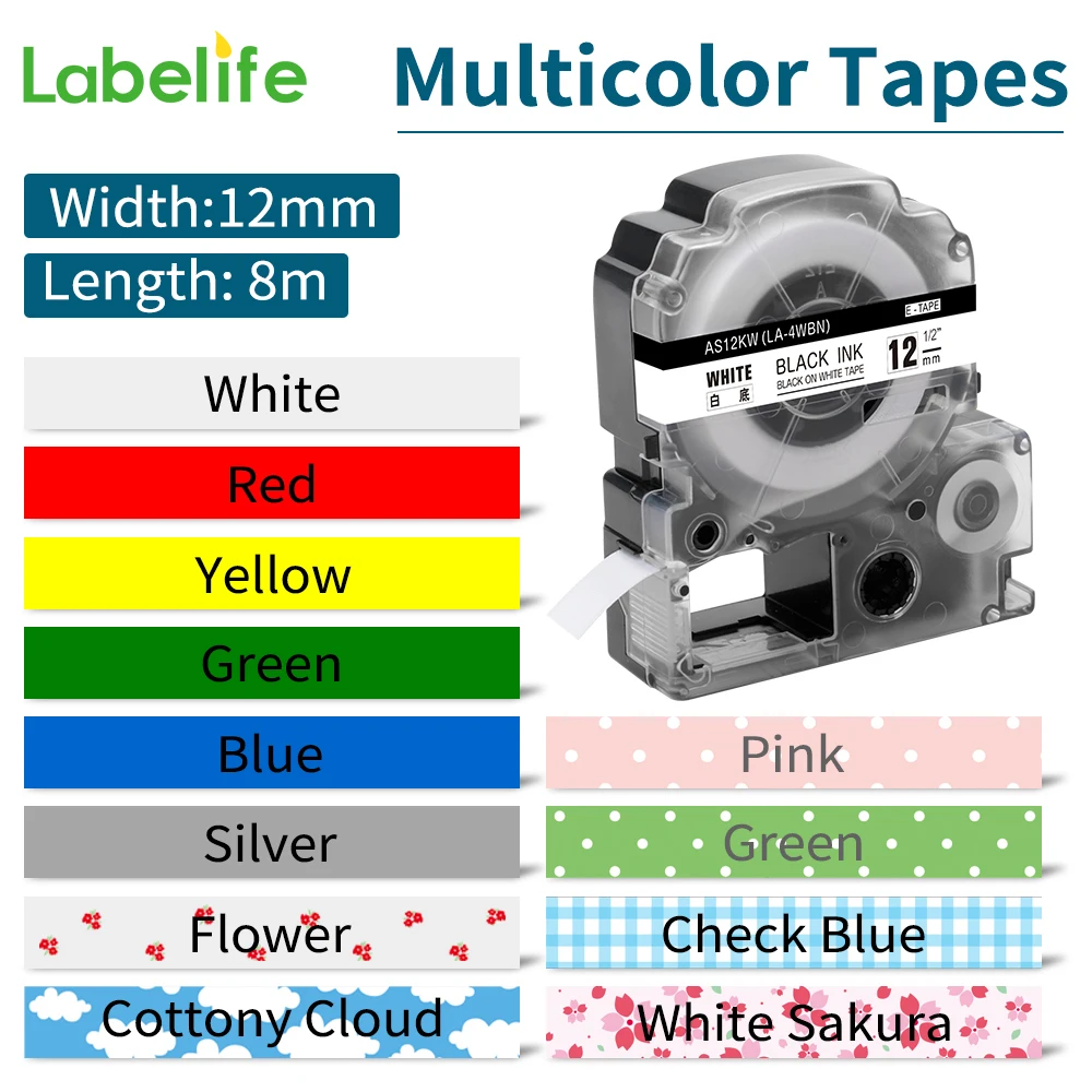 Labelife SS12KW LC-4WBN 12mm Compatible for EPSON Label Tape for Label ...