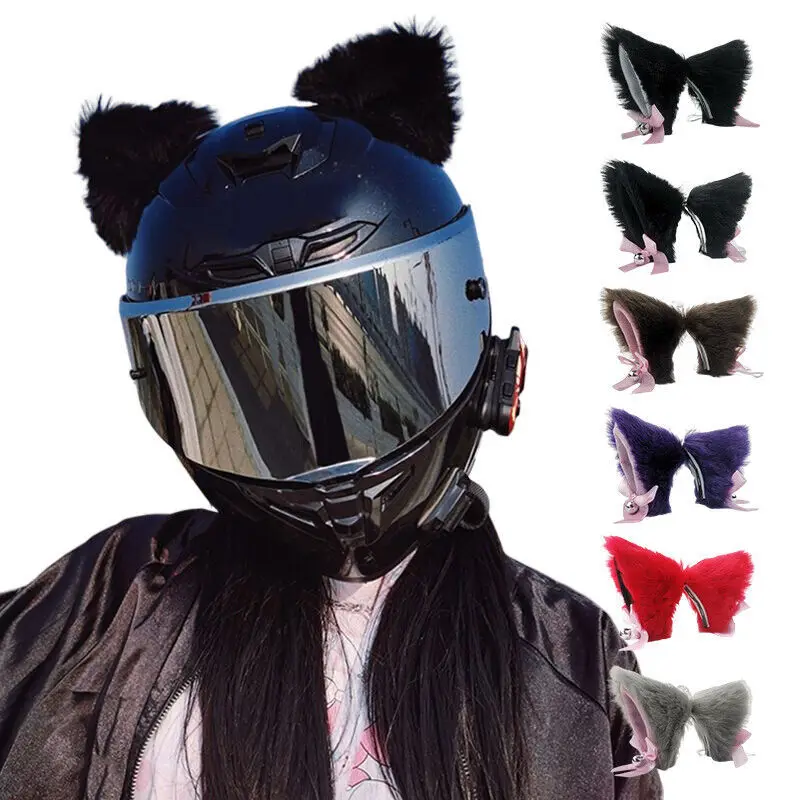 Motorcycle-Helmet-Cat-Ears-Decoration-Cute-Plush-Stickers-Motocross ...