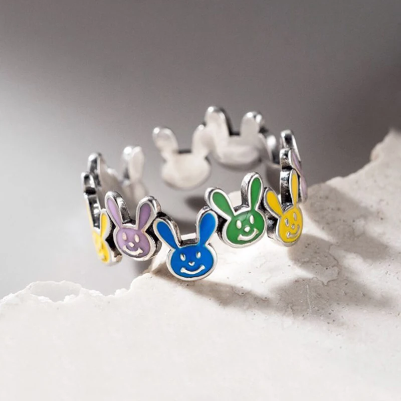 925-Sterling-Silver-Irregular-Colorful-Rabbit-Rings-For-Women-Female ...