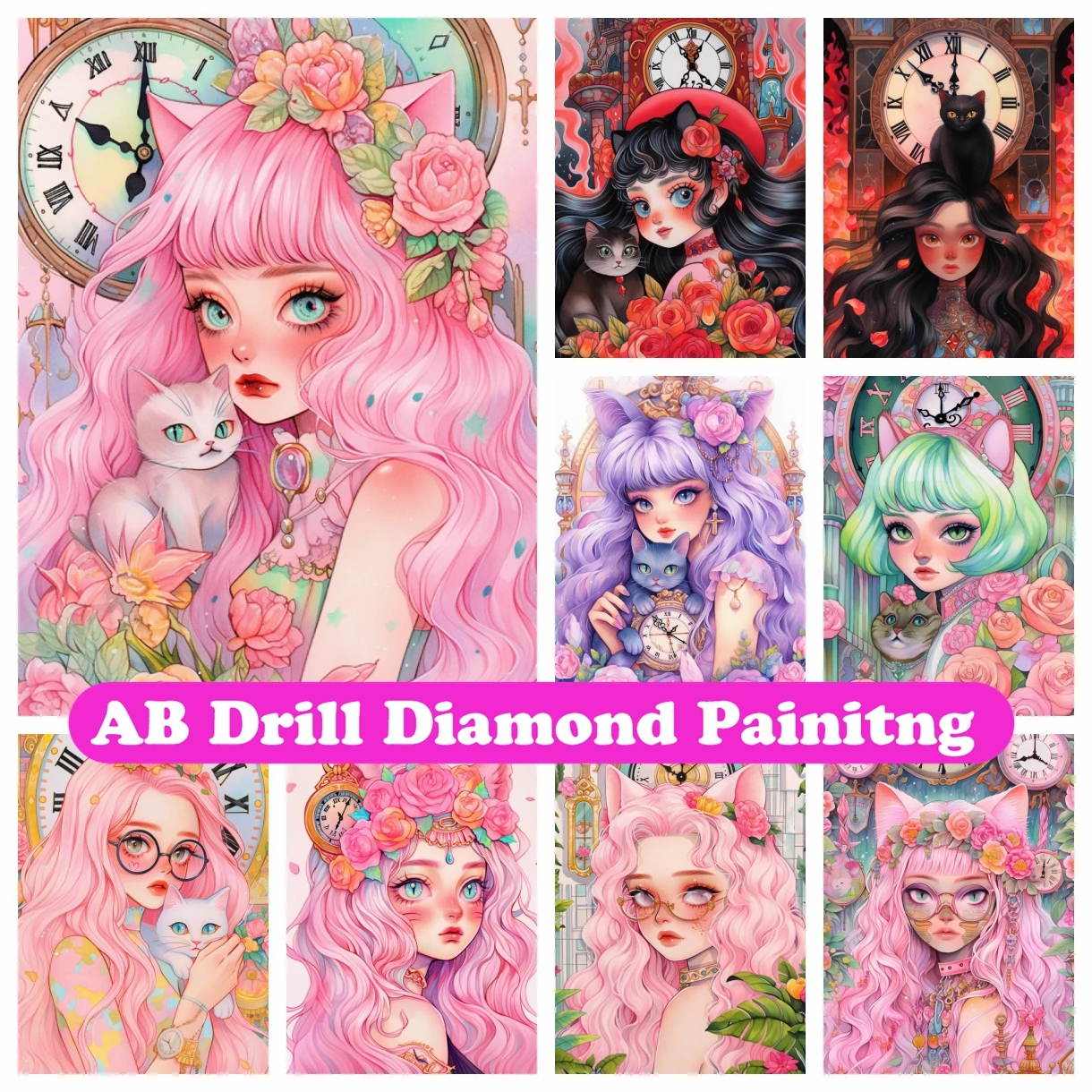 Cartoon-Girl-and-Cat-AB-Diamond-Painting-Embroidery-Fantasy-Cross ...