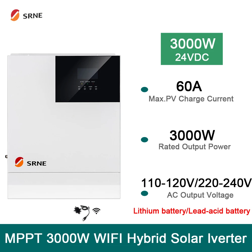 Srne Hybrid Solar Inverter 3kw Dc 24v/ac110v 220v All-in-one Pure Sine Wave 60a Mppt Charge ...
