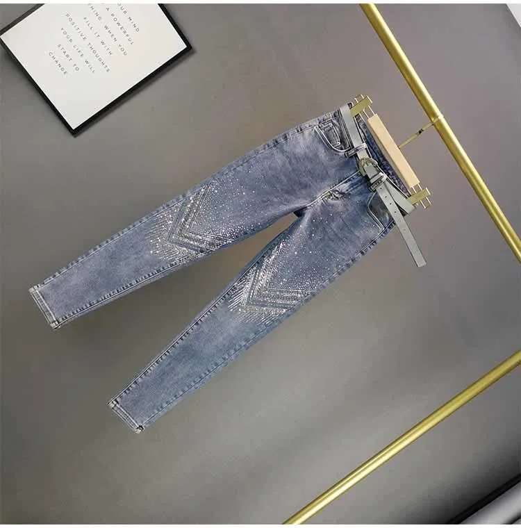 Fashion Rhinestone Skinny Women's Stretch High Waist Cropped Jeans