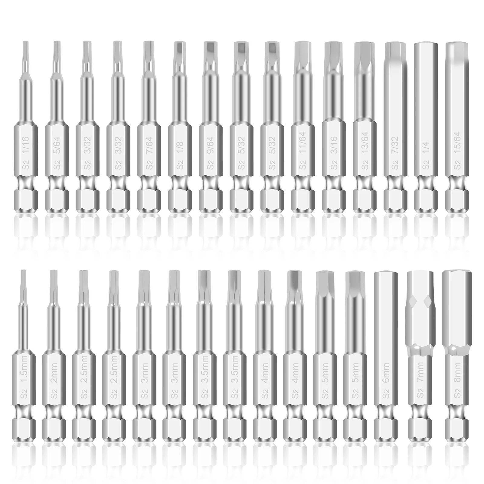 30 Pcs Hex Head Allen Wrench Drill Bit Set 1/4 Inch Shank Metric SAE S2 ...