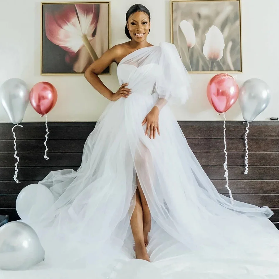 African-Bridal-Shower-Dress-White-One-Shoulder-Front-Split-Wedding ...