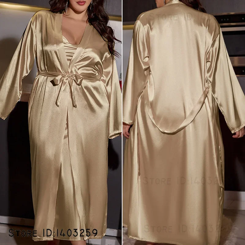 Plus Size 3XL-5XL Women Twinset Robe Set Nightgown Long Kimono Bathrobe ...